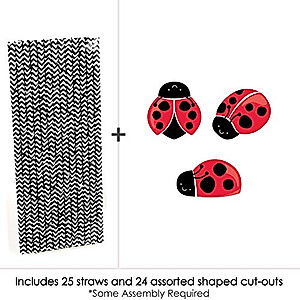 Happy Little Ladybug - Paper Straw Decor - Baby Shower or Birthday Party Striped Decorative Straws - Set of 24