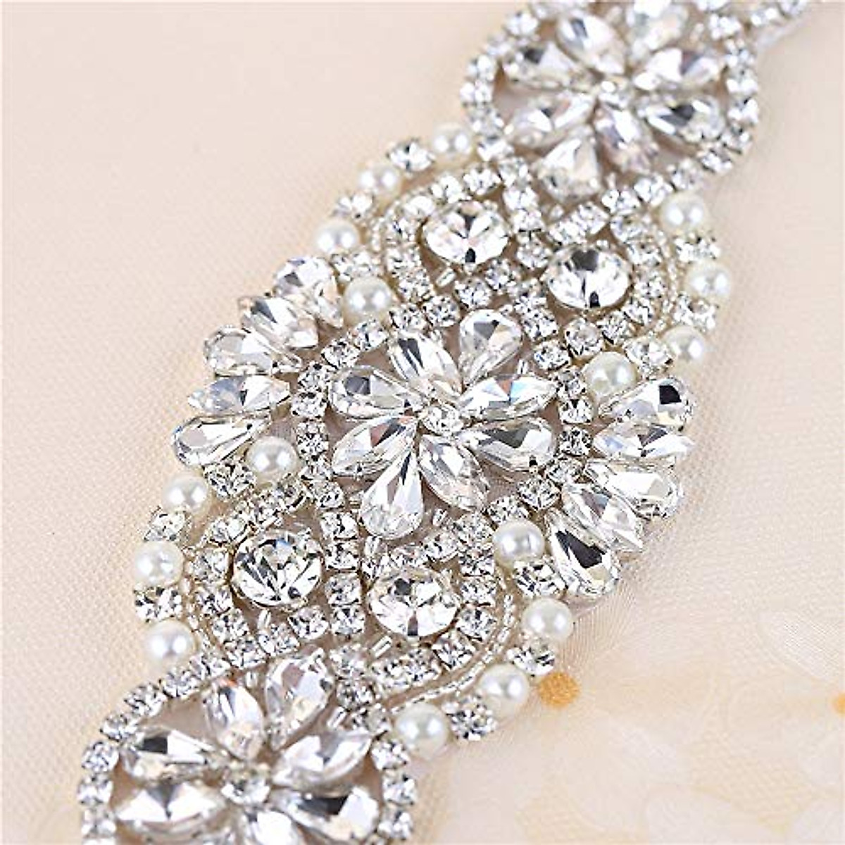 Crystal Rhinestone Appliques, 34.3 x 1.9 in, Pearls Beaded Embellishments Trim Handcrafted Elegant Sewing Hot fix for DIY Wedding Bridal Belts Sashes Prom Dresses - Silver