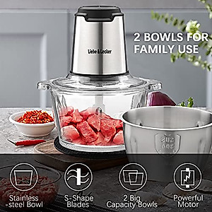 Liebe&Lecker Food Processor, Electric Food Chopper with 2 Bowls 8 Cup and 8 Cup, Meat Grinder with 4 Large Sharp Blades for Fruits, Meat, Vegetables, Baby Food, Nuts, 2 Speed, 350W