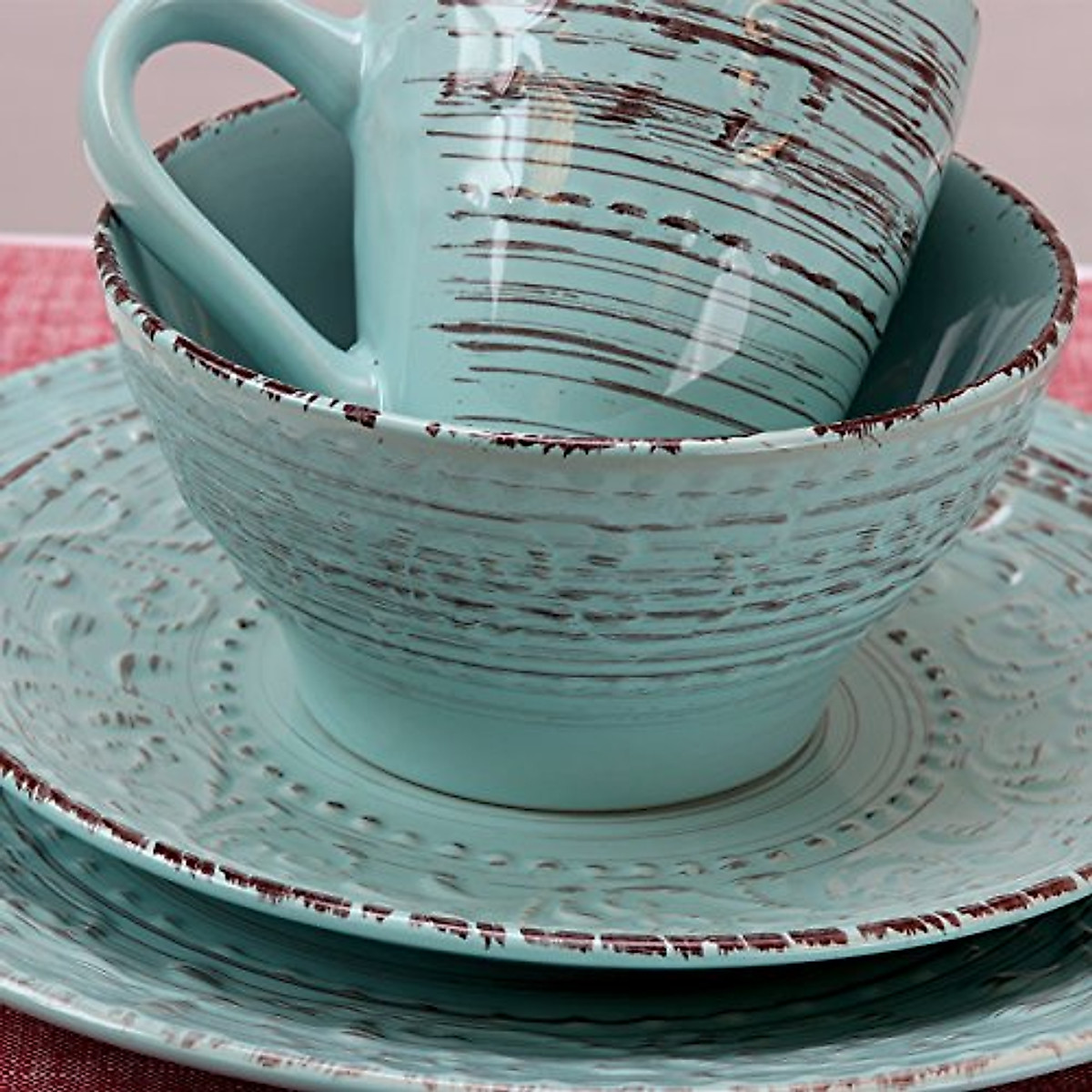 Elama Embossed Stoneware Ocean Dinnerware Dish Set, 16 Piece, Turquoise