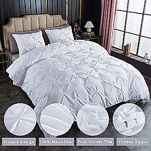 Litanika White Queen Pinch Pleat Duvet Cover, 3 Pieces Pintuck Cover Soft Microfiber Bedding Set with Zipper Closure & Corner Ties(90x90Inch-1 Duvet Cover, 2 Pillowcases)