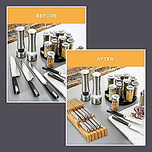 In-Drawer Knife Block Organizer - Bamboo Wood Drawer Knife Organizer - Holds 5 Long + 6 Short Knives (Not Included) - Store Knives with Blades Pointing Down