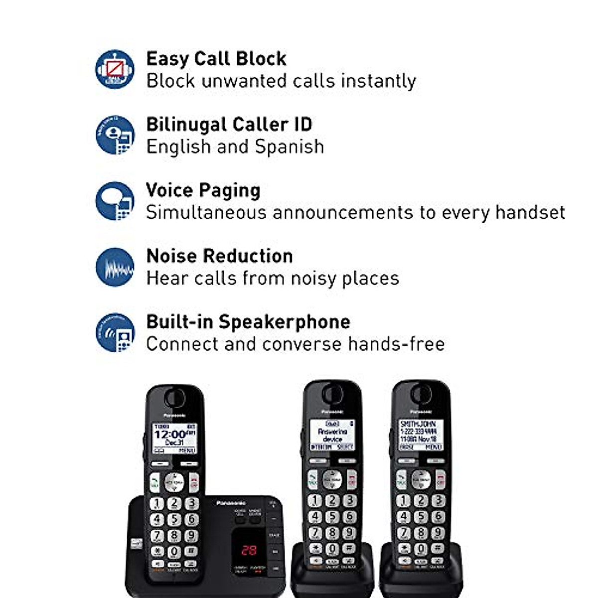Panasonic DECT 6.0 Expandable Cordless Phone System with Answering Machine and Call Blocking - 3 Handsets - KX-TGE433B (Black)