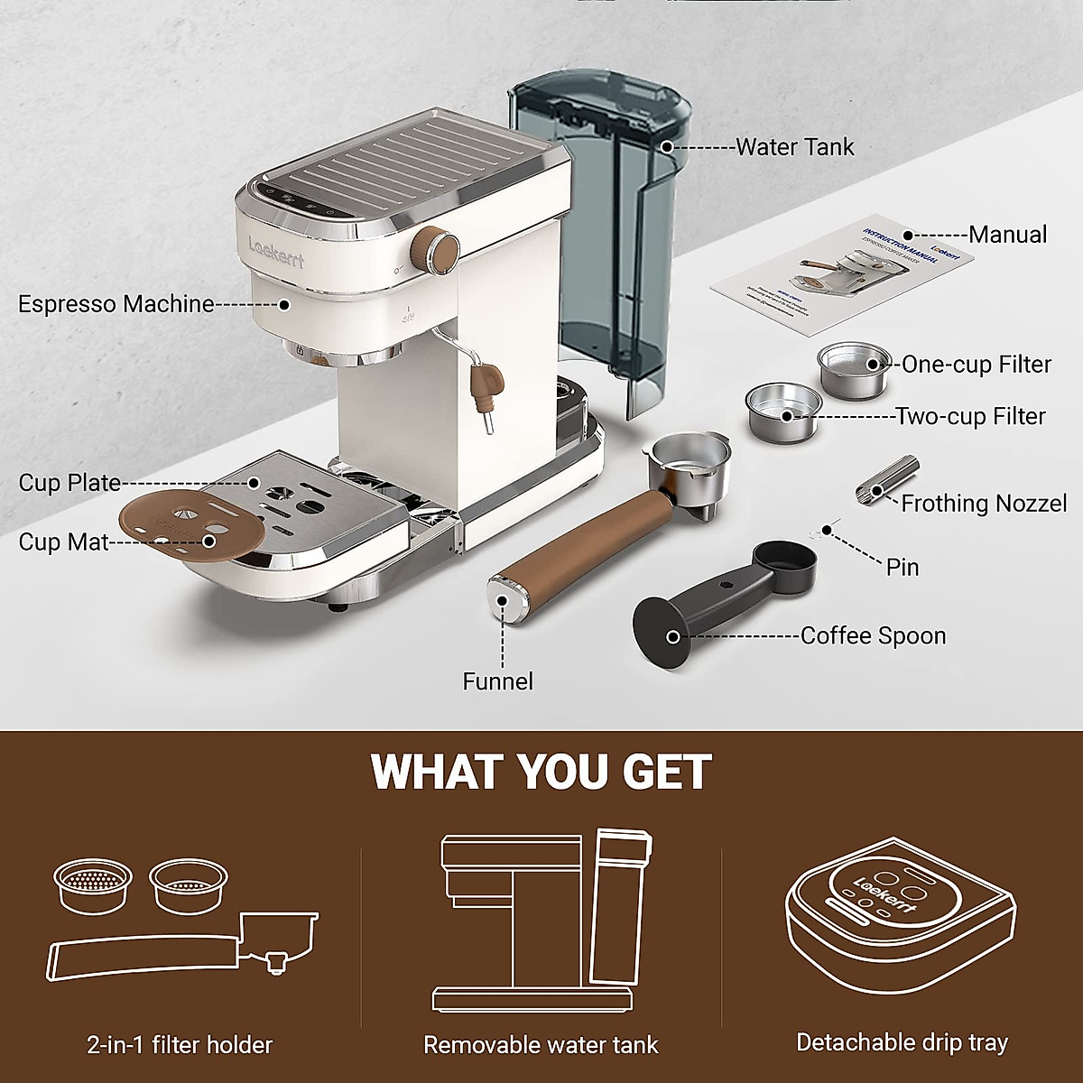 Laekerrt Espresso Machine, 20 Bar Espresso Maker CMEP01 with Milk Frother Steam Wand, Home Expresso Coffee Machine for Latte and Cappuccino, Pear White, Stainless Steel, Gift for Women Wife or Mom