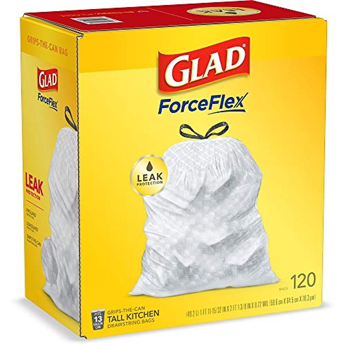 GLAD ForceFlex Tall Drawstring Trash Bags, 13 Gallon White Trash Bags for Tall Kitchen Trash Can, Unscented Leak Protection Bags, 120 Count - Packaging May Vary