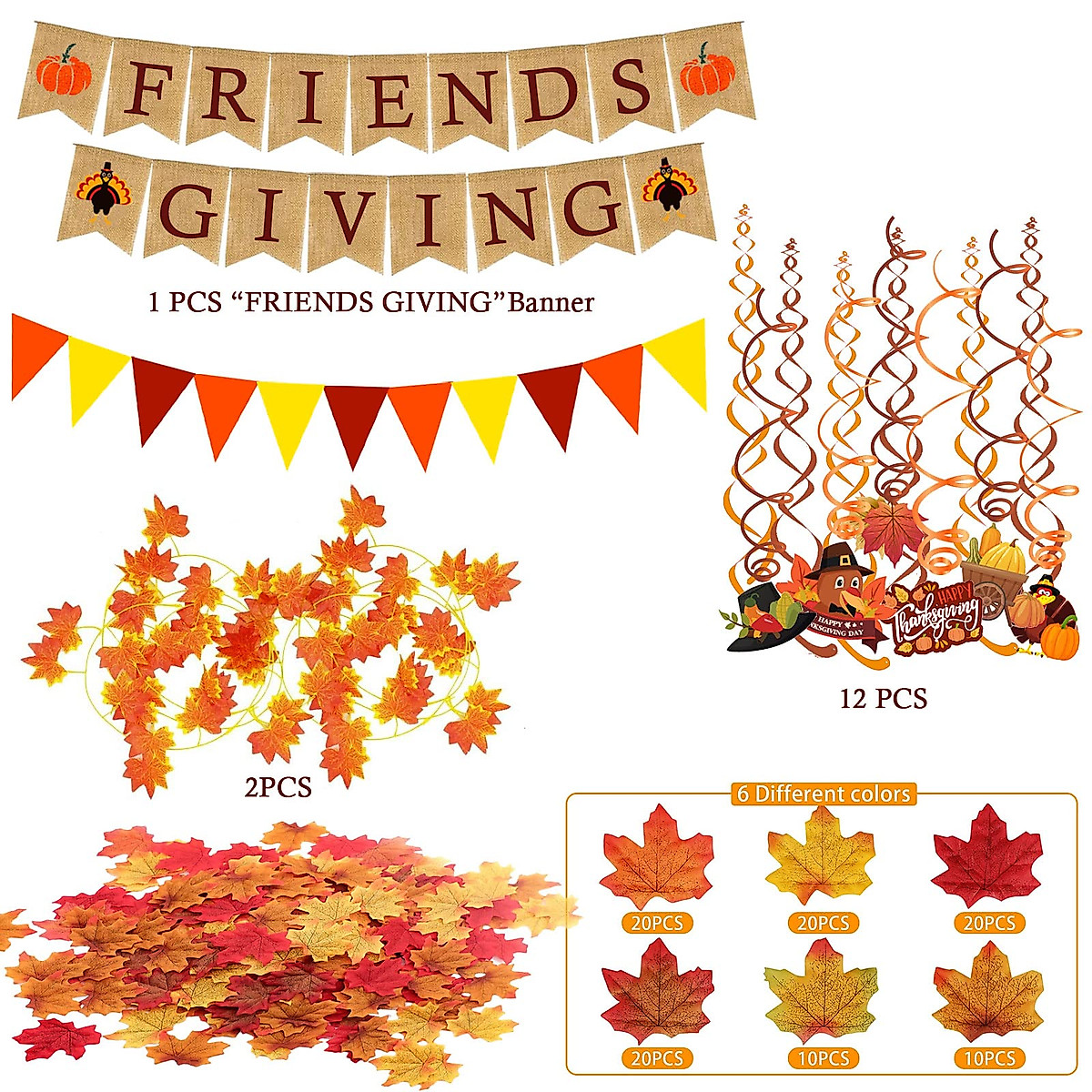 Famoby FRIENDSGIVING Burlap Banner Paper Triangular Bunting Maple leaf Garland Plastic Streamer for Thanksgiving Day Party Decoration