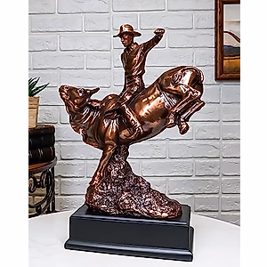 Ebros Large Rustic Western Rodeo Bull Rider Cowboy On Bucking Bull Statue in Electroplated Sepia Bronze Finish Old World Wild West Cattle Bull Riding Cowboys Accent Figurine