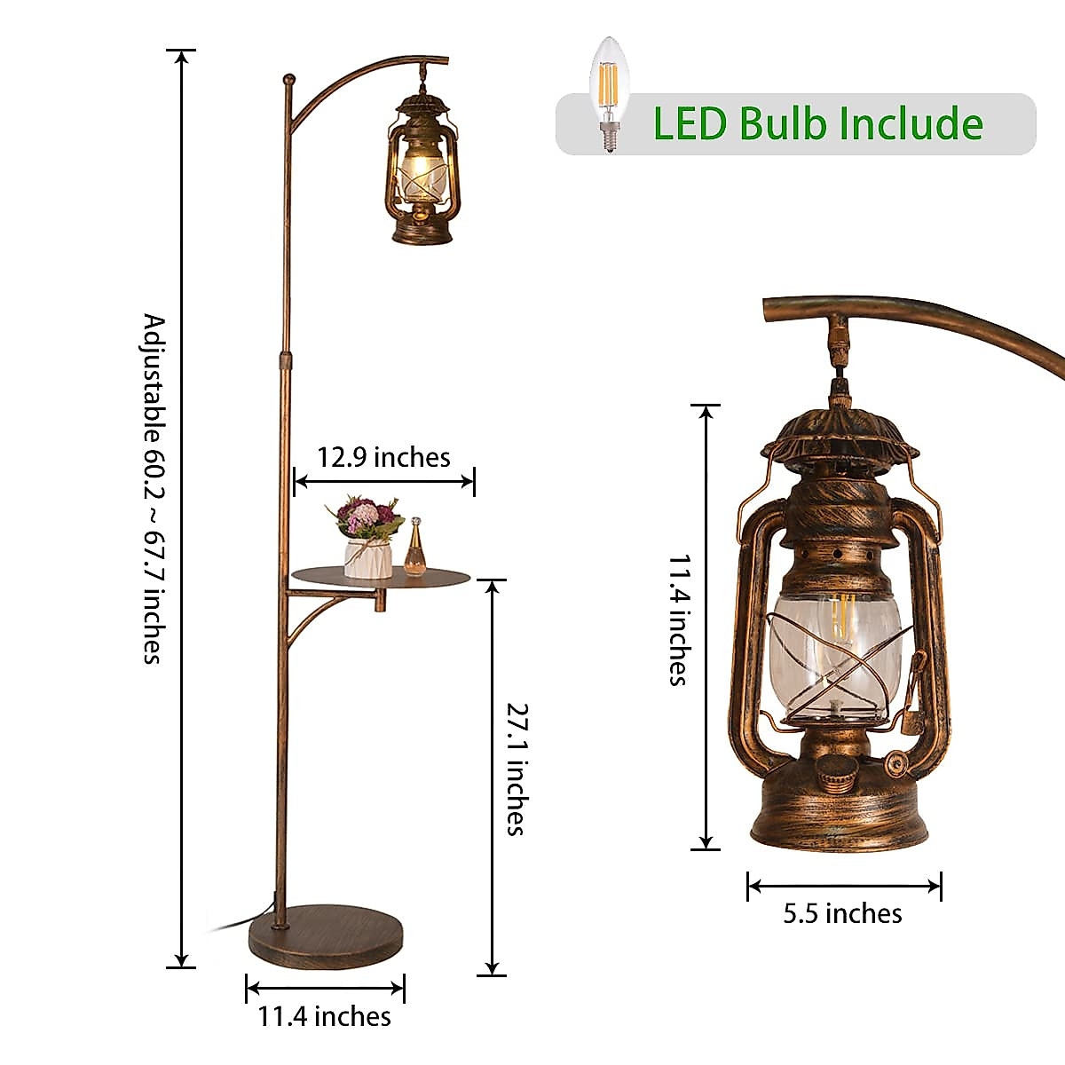 beaysyty Farmhouse Adjustable Floor Lamps with Tray Lantern Tall Standing lamp for Bedroom Home Decor for Office Cafe Den Living Room Bedroom, On/Off Foot Switch and Brushed Rustic (Red Copper)
