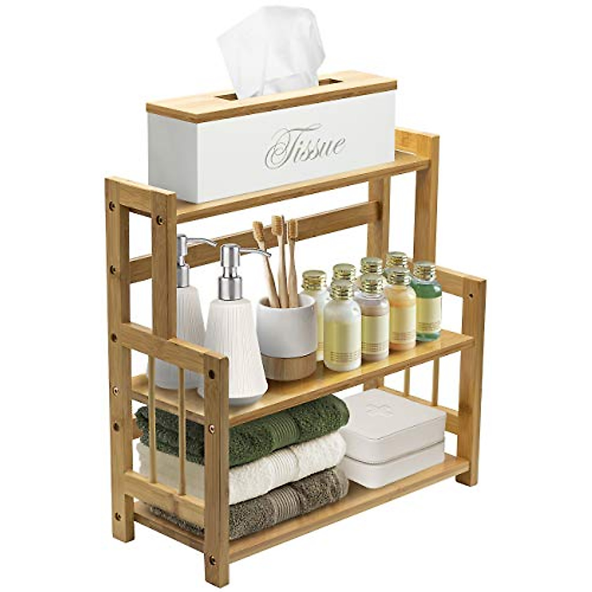 Sorbus Kitchen Countertop Organizer Bamboo Wooden Counter Storage Shelf Rack for Spice, Soap, Skin care, Makeup Display Stand, Bathroom Shelves, Vanity, Office (3-Tier)