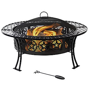 Sunnydaze 40-Inch Round Steel Fire Pit Table with Durable Spark Screen and Poker - Portable Design - Black - Four Star