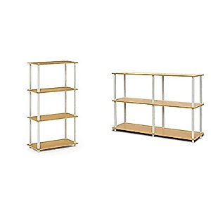 Furinno (99557BE/WH Turn-N-Tube 4-Tier Multipurpose Shelf Display Rack - Beech/White & 99130BE/WH 3-Tier Double Size Storage Display Rack, Beech/White
