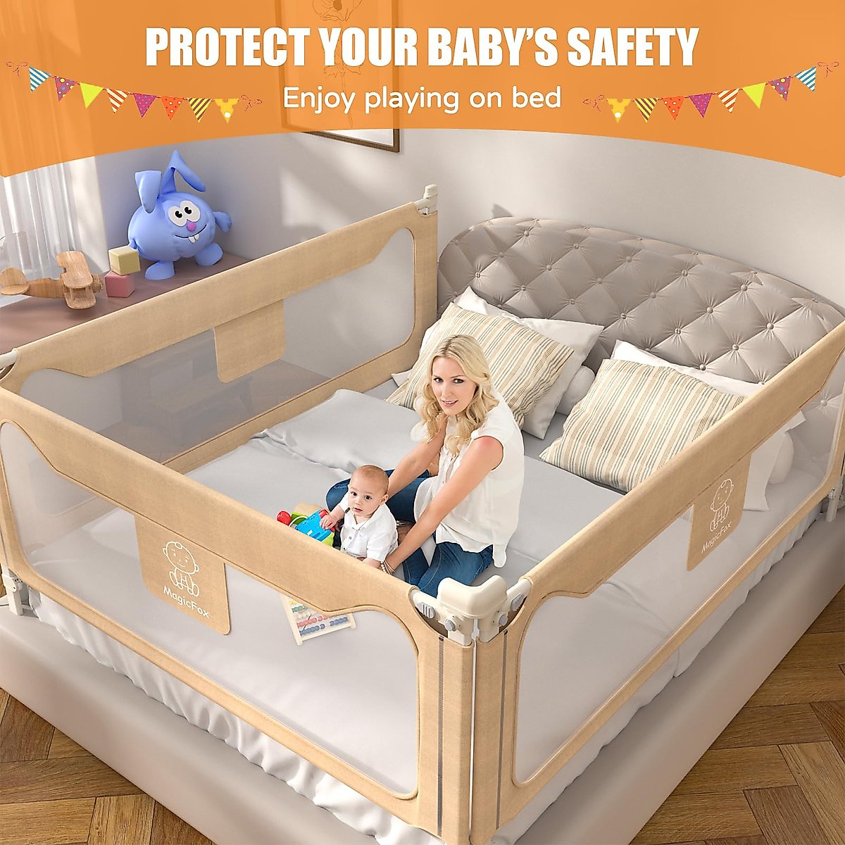MagicFox Bed Rails for Toddlers, Extra Tall 32 Levels of Height Adjustment Specially Designed for Twin, Full, Queen, King Size - 2024 Safety Bed Guard Rails for Kids (Khaki, 1 Side:74.8"(L) ×27"(H))