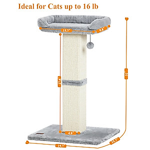 Karolpar 32" Cat Scratching Post for Indoor Cats, Sisal Cat Scratcher with Plush Perch, Large Scratch Post with Bed, Removable Cover, Sisal Fabric,Light Grey