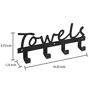 MyGift Wall Mounted Black Metal Towel Rack with 4 Hooks, Hanging Kitchen and Bathroom Storage Towel Hooks with Towels Letter Cut Out Design