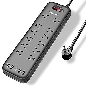 Power Strip Surge Protector with 12 Outlets & 4 USB Ports & 1 USB-C Port (5V/3A), 2360 Joules, Angled Flat Plug, Spaced Outlets & ETL Listed Power Outlet for Home Office - Black