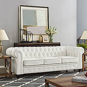Naomi Home Emery Chesterfield Sofa with Rolled Arms, Tufted Cushions / 3 Seater Sectional Sofa Couch for Small Spaces, Living Room, Bedroom, Apartment Easy Tool-Free Assembly – White