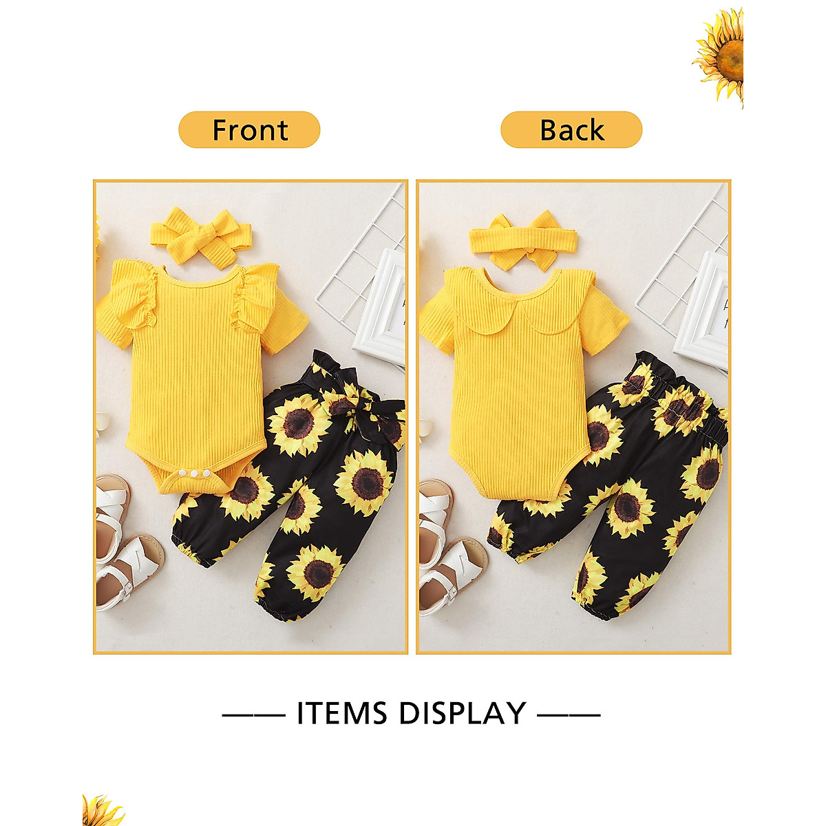 veikimous Infant Baby Girl Clothes Baby Girl Sunflower Outfits Ruffle Romper Long Floral Pants Cute Baby Clothes Girl Yellow 3-6 Months