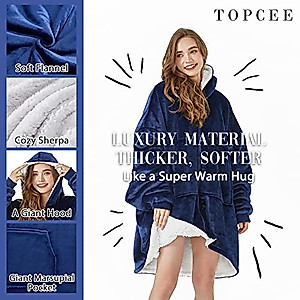 Topcee Oversized Blanket Hoodie Sweatshirt with Zip, Cozy Warm Hooded Sherpa Fleece Wearable Blanket, Louging Blanket with Giant Pocket, Gifts for Adults Girlfriend Wife Mom and Daughter. (Navy Blue)