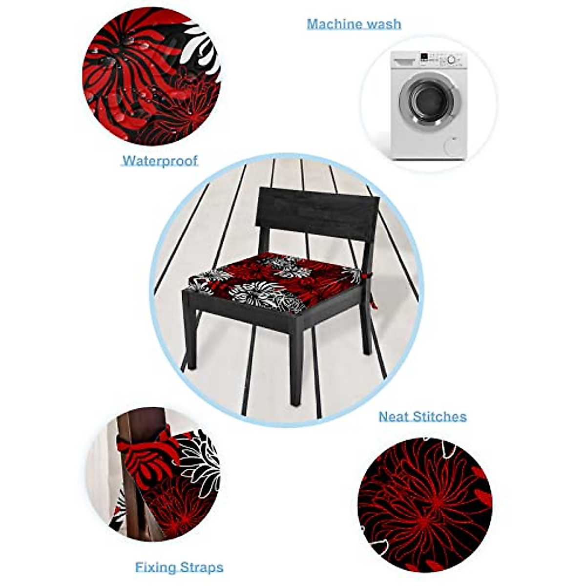 Red White Outdoor Waterproof Cushion Chair Cover Set of 2, Abstract Black Chrysanthemum Flower Patio Furniture Sofa Couch Seat Cushions Protector Slipcover with Ties, 20''x18''x4''