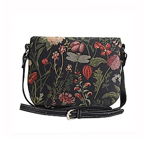 Signare Tapestry Crossbody Bag Shoulder Purse for Women In Morning Garden Black Design (XB02-MGDBK)
