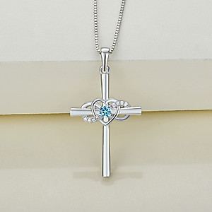 YL Women's Cross Necklace Sterling Silver Infinity Heart Crucifix Pendant Created Aquamarine Criss Jewelry