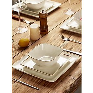 Famiware Dinnerware Sets for 4, Ocean Square 12-Piece Kitchen Plates and Bowls Sets, Microwave and Dishwasher Safe, Scratch Resistant, Vanilla White