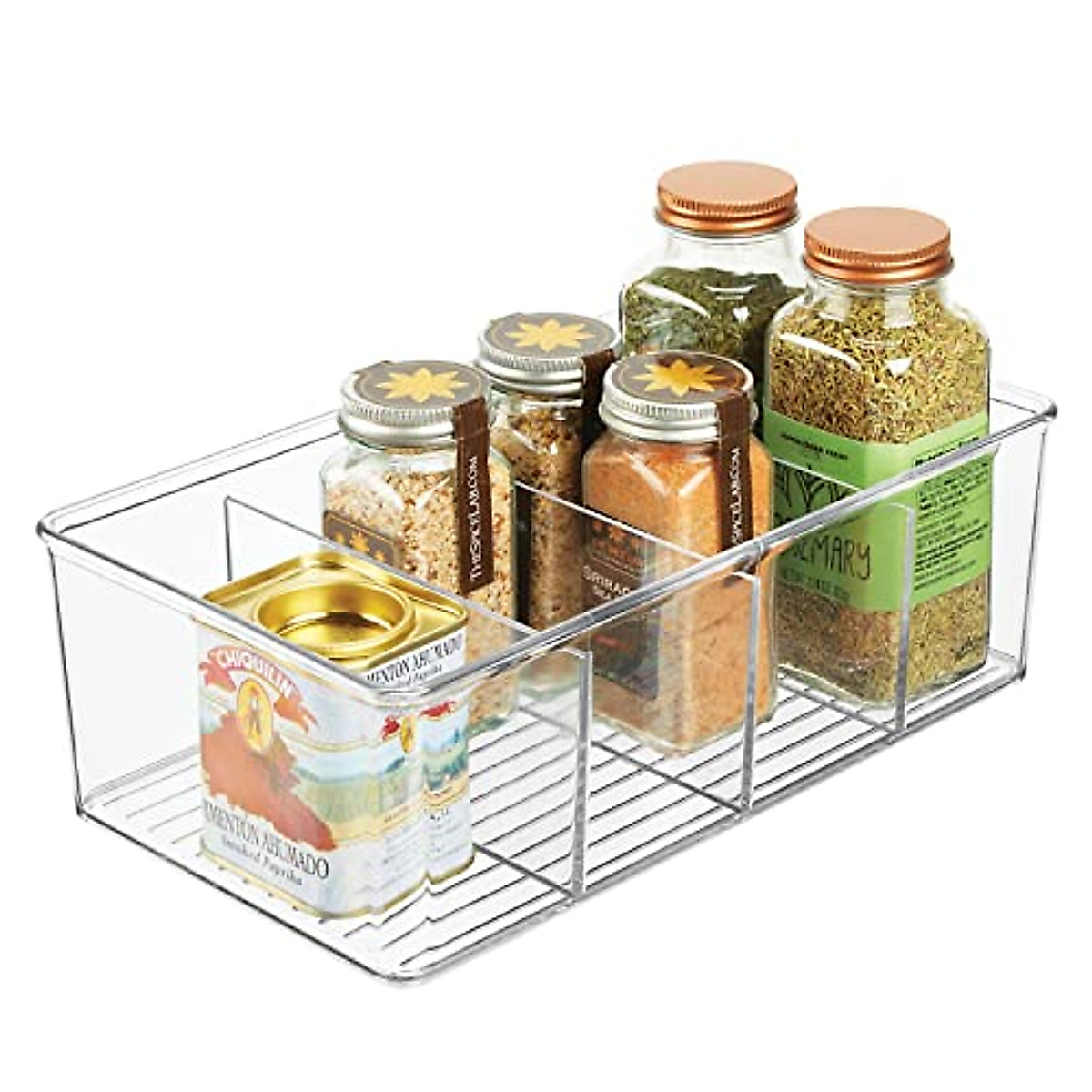 mDesign Plastic Divided Kitchen Organizer Bin Container Box with 4 Sections for Pantry, Fridge, Refrigerator, Countertop, Pantry - Hold Cereal, Snacks, Tea, Seasoning - Ligne Collection - Clear