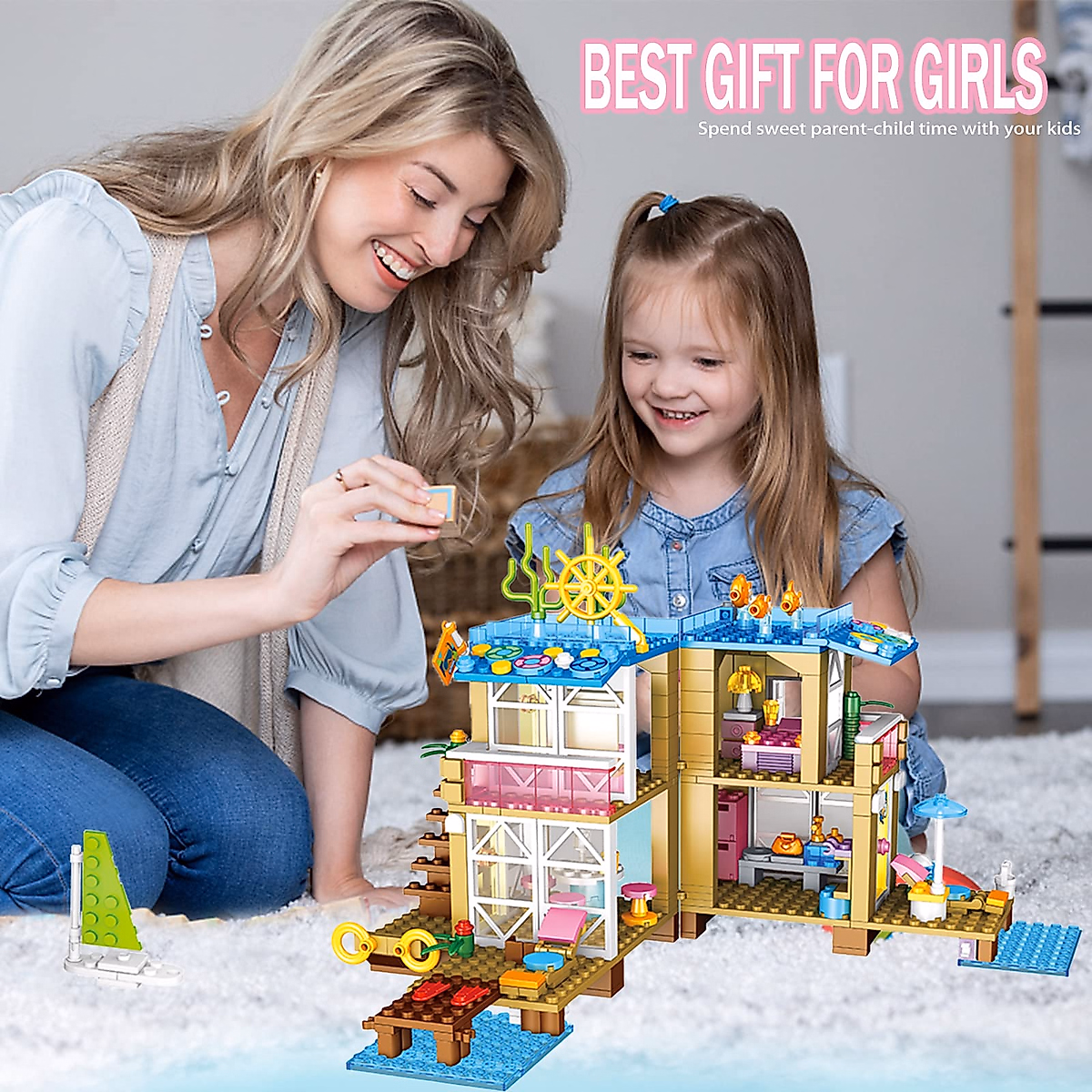 JUMEI Friends Set Building Blocks,Girls Building Toys Set,390 PCS Girls Block Set,Beach Friends House Set Building Set Toys,Friends House Building Set,STEM Toy,Friends Set for Girl 6-12 Years Old