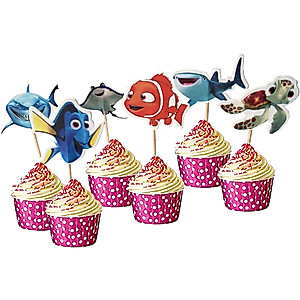 48 Pcs Cupcake Toppers for Finding Nemos Cake Toppers, Kids Birthday Party Cake Decoration Supplies