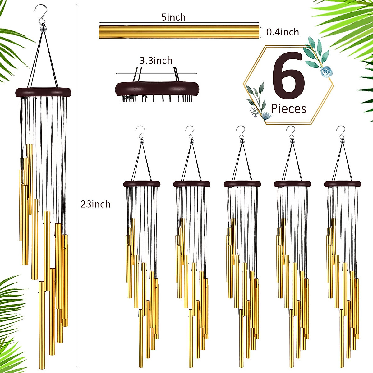 6 Pieces Wind Chimes 28 Inch Deep Tone Wind Chimes with 6 Aluminum Tubes Memorial Wind Chimes Outdoors Soothing Melody Wind Chimes Rustic Wind Chimes for Farmhouse Garden Patio Home Decor (Gold)