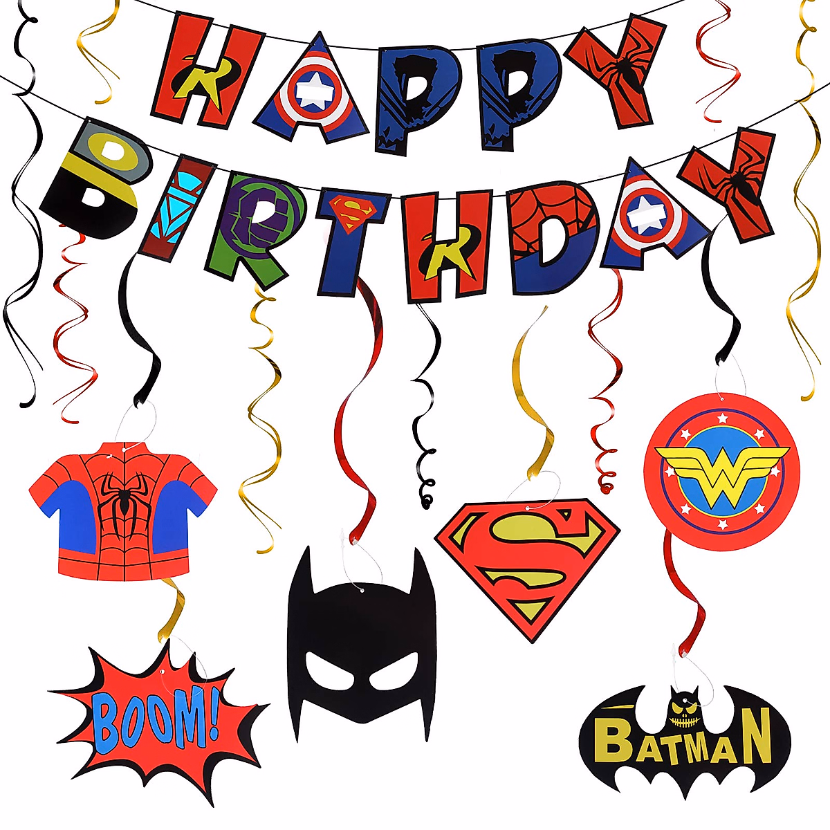 LINGTEER Superhero Decorations Set - Happy Birthday Bunting Banner Superhero Hanging Swirls Streamers Action Sign Perfect for Kids Birthday Party Decorations.