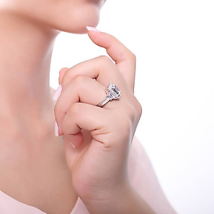 BERRICLE Sterling Silver Halo Wedding Engagement Rings Emerald Cut Cubic Zirconia CZ Statement Ring for Women, Rhodium Plated Size 7