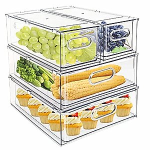 MANO Fridge Drawer Pull Out Stackable Bins with Handle Clear Refrigerator Drawers Organizer Food Storage Container Box with Dividers Plastic Produce Saver for Pantry, Cabinet, Kitchen, Clothes