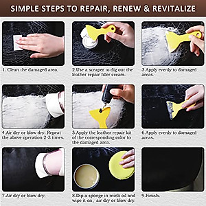 Black Leather Repair Kit for Furniture, Leather Dye for Car Seat, Sofa, Boot Care, Shoes, Leather Filler, Leather Scratch Repair Kit with Mink Oil-Set of 11