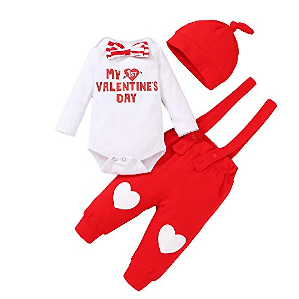 YOUNGER TREE 3PCS Newborn Infant Baby Boy Clothes My 1st Valentines Day Outfits Bow-tie Romper+Overalls Suspender Pants+Hat (6-12 Months, Bowtie Romper+Overalls +Hat)