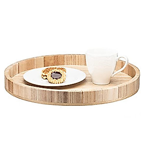 13 Inches Large Solid Wooden Serving Tray Round Tea Coffee Table Tray Snack Food Meals Serving Plate Kitchen Party Bar Server Breakfast Tray with Raised Edges Nature Wood Ottoman Tray