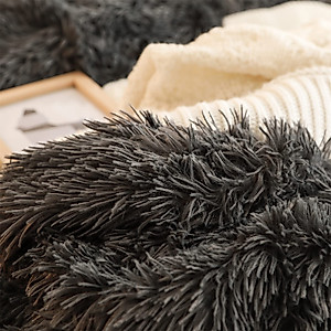 HAIHUA Luxury Plush Shaggy Duvet Cover Flannel Velvet Bedding (1 Faux Fur Duvet Cover +2 Faux Fur Pillowcases)Fluffy Comforter Bed Sets 3 Pieces ,Zipper Closure (Dark Gray, Queen)