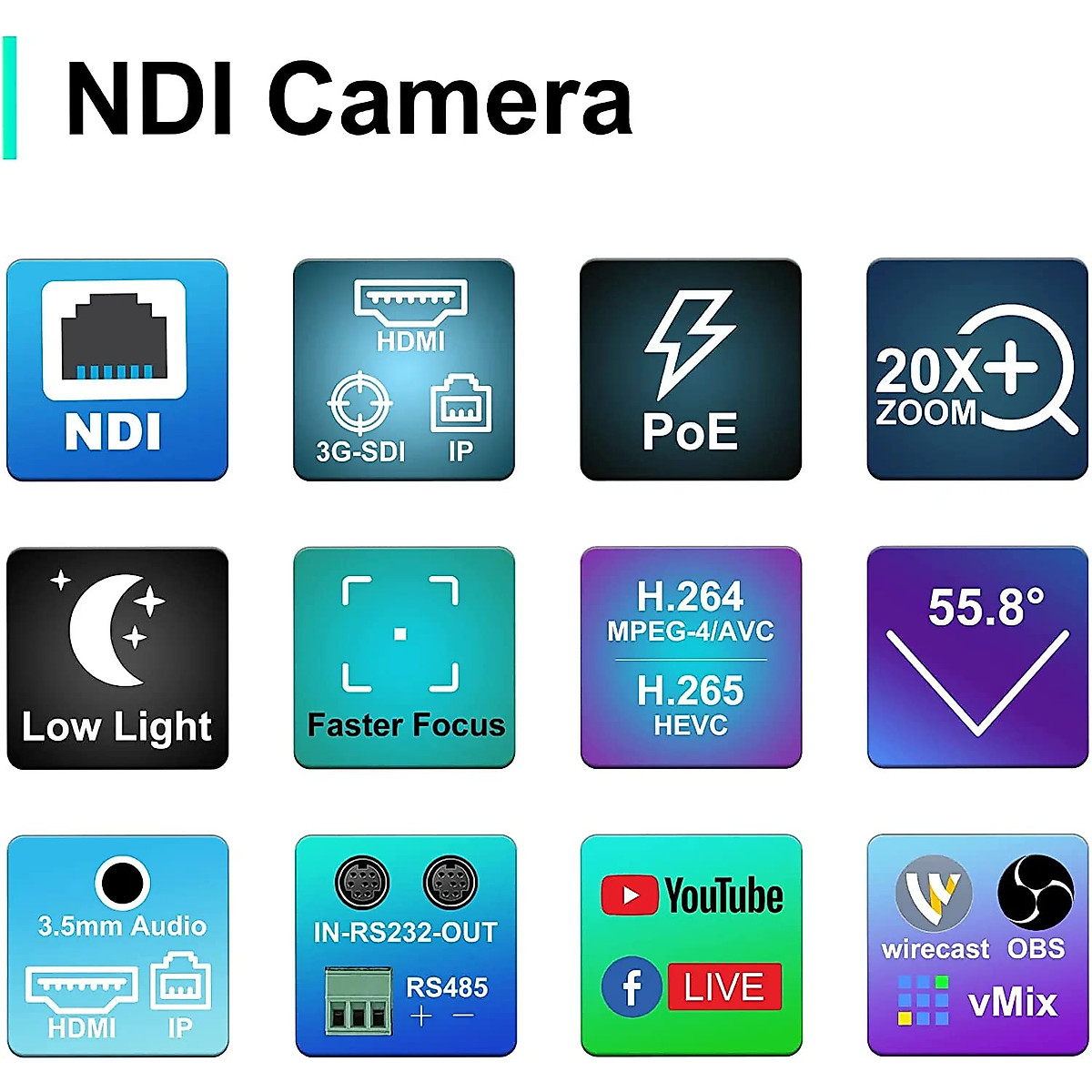 FoMaKo NDI PTZ Camera, 20X-NDI Camera with HDMI 3G-SDI IP Live Streaming PTZ Camera for Church Worship Video Production Education Events PoE 1080P 60FPS for vMix OBS Wirecast (KN20AG Gray)