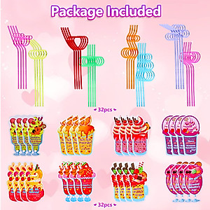 32Pack Valentines Day Cards for Kids, Valentines Greeting Cards(8 Designs)+ Colorful Crazy Loops Reusable Drinking Straws (8 Shapes) for Classroom Gifts Exchange Gift Class Prizes Carnivals Party