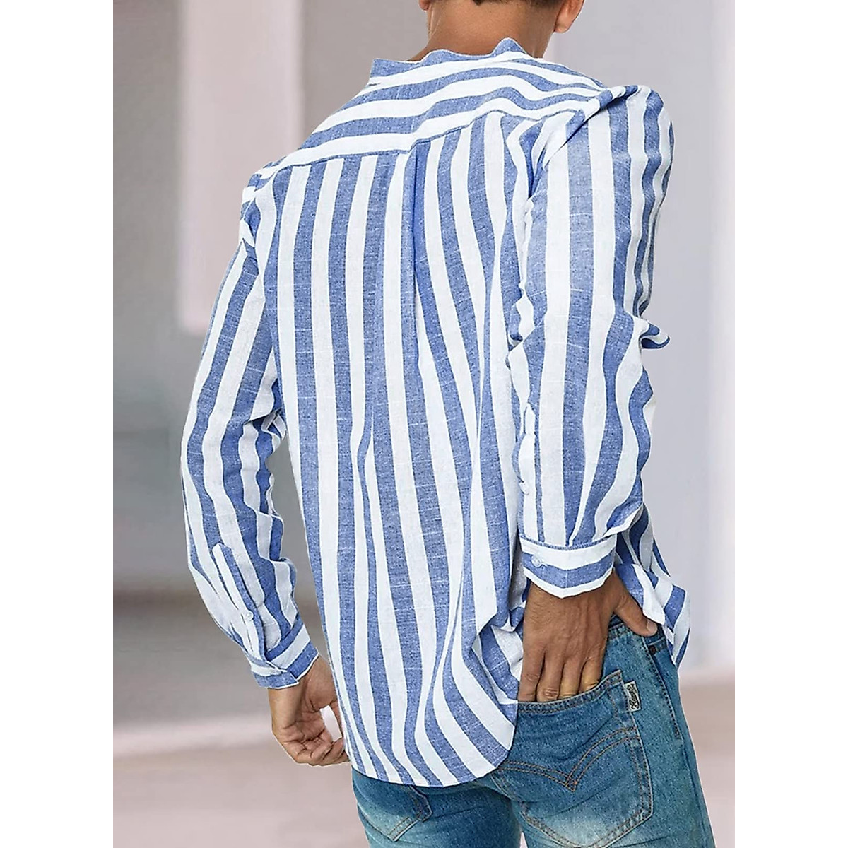 JMIERR Mens Casual Cotton Linen Shirts Button Down Long Sleeve Striped Beach Resort Shirts for Men,US 38(S),0Sky Blue