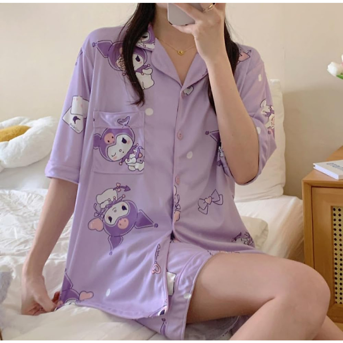 WANHONGYUE Kawaii Kuromi Pajamas for Women Girls Sleepwear Loungewear Short Sleeve Shirt with Shorts 2 Piece Pajama Sets Purple/1 M