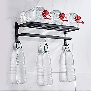 JRMM Towel Racks for Bathroom Wall Mounted Towel Shelf with Two Towel Bars and Hooks, Multifunction Foldable Double Towel Bars, No Rust, Aluminum, Matte Black22.6 inch