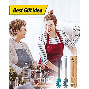 Pack of 2 Silicone Pasta Fork, Kitchen Heat Resistant Noodle Spoon Server, BPA Free Spaghetti Strainer,Best Cooking Tools (Gray-Blue)