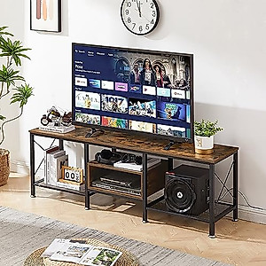 VECELO Industrial TV Stand for 70 Inch Television Cabinet 3-Tier Console with Open Storage Shelves, Entertainment Center Metal Frame for Living Room, Bedroom, 63 Inch, Dark Brown