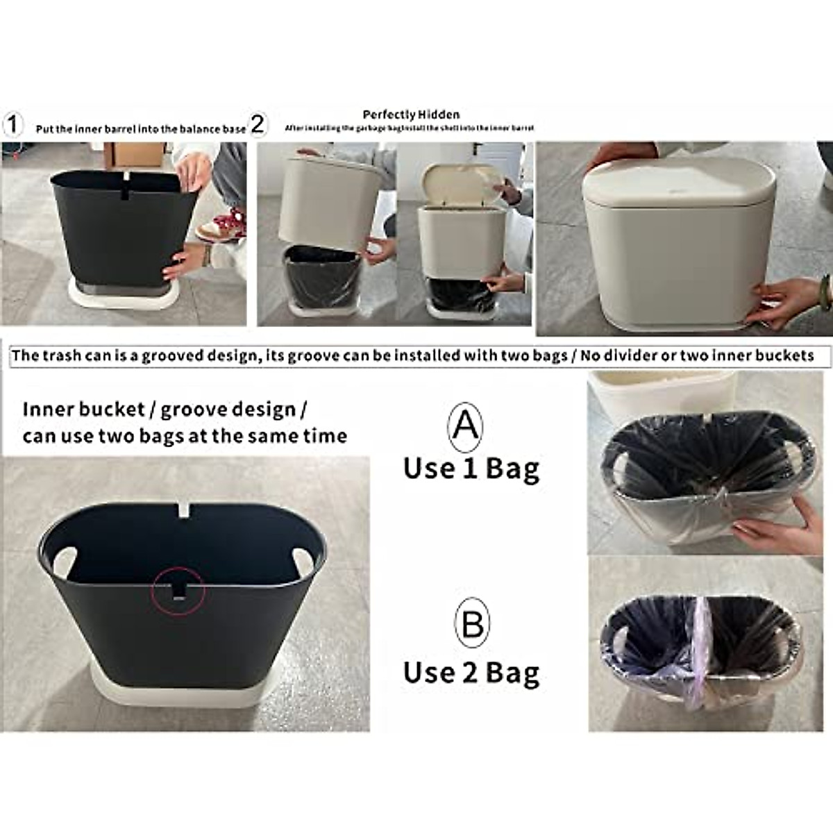 Cq acrylic 12 Liter Rectangular Plastic Trash Can Wastebasket with Press Type Lid,3.17 Gallon Dog Proof Garbage Container Bin for Bathroom,Powder Room,Bedroom,Kitchen,Craft Room,Office,Black