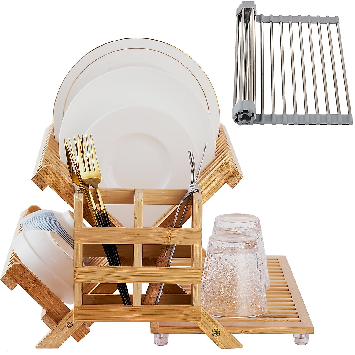 WORTHUG Bamboo Dish Drying Rack Set, 3-Tier Collapsible Bamboo Drainer Dish Drying Rack with Utensil Holder ,Multipurpose Roll-Up Dish Drying Rack