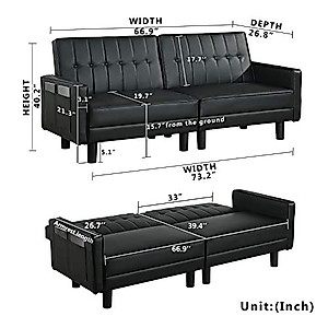 OBBOLLY Futon Sofa Bed - Tufted Design Loveseat Sofa Sleeper with Side Pockets and Armrest, Faux Leather Convertible Sofa Couch for Compact Living Space, Apartment, Dorm (Black)