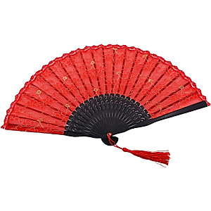 Womens Multi Color Handmade Cotton Lace Folding Hand Fan (Black-A) (Red-a)