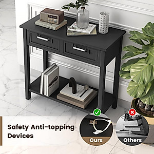 GOFLAME Console Table with Storage, Wooden Small Entryway Table with 2 Drawers, Open Storage Shelf, Rubber Wood Legs, Modern Entry Table, Narrow Sofa Table for Living Room, Hallway, Entrance (Black)