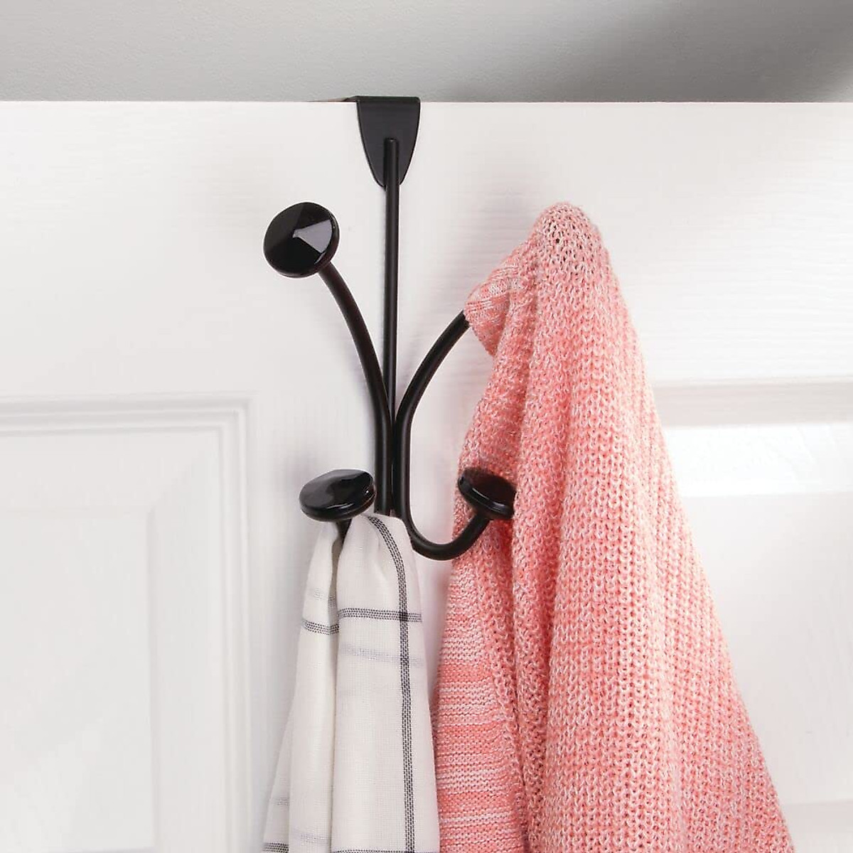 mDesign Decorative Over Door 4 Hanging Hooks, Steel Storage Organizer Rack for Coats, Hoodies, Hats, Scarves, Purses, Leashes, Bath Towels, Robes, Mens and Womens Clothing - 2 Pack - Matte Black